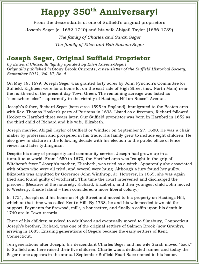 Joseph Seger, Original Suffield Proprietor - The Suffield Observer